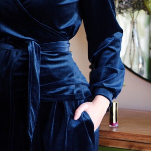 MYRNA | Long Sleeve Wrap Top in Navy Blue Velvet. Elegant Velvet Wrap ...