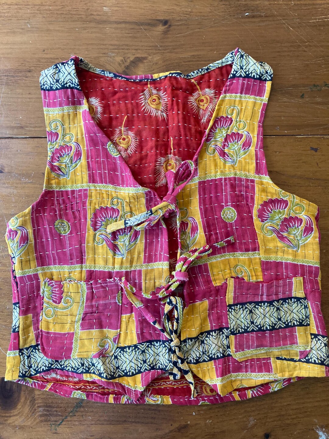 Vintage Kantha VEST With Ties in Front Reversible With Pockets Medium ...