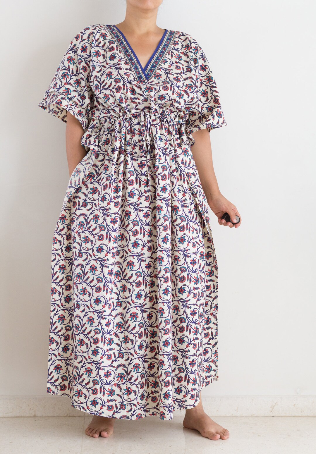White Cotton Caftan Dress: Indian Print, V-neck With Pockets - Etsy