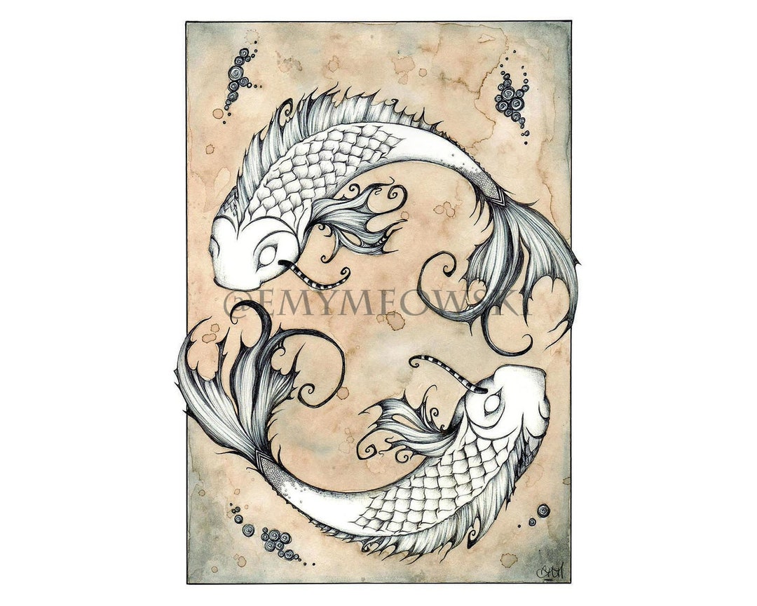 PISCES Starsign Zodiac A4 Art Print | Watercolour, Coffee & Pen ...