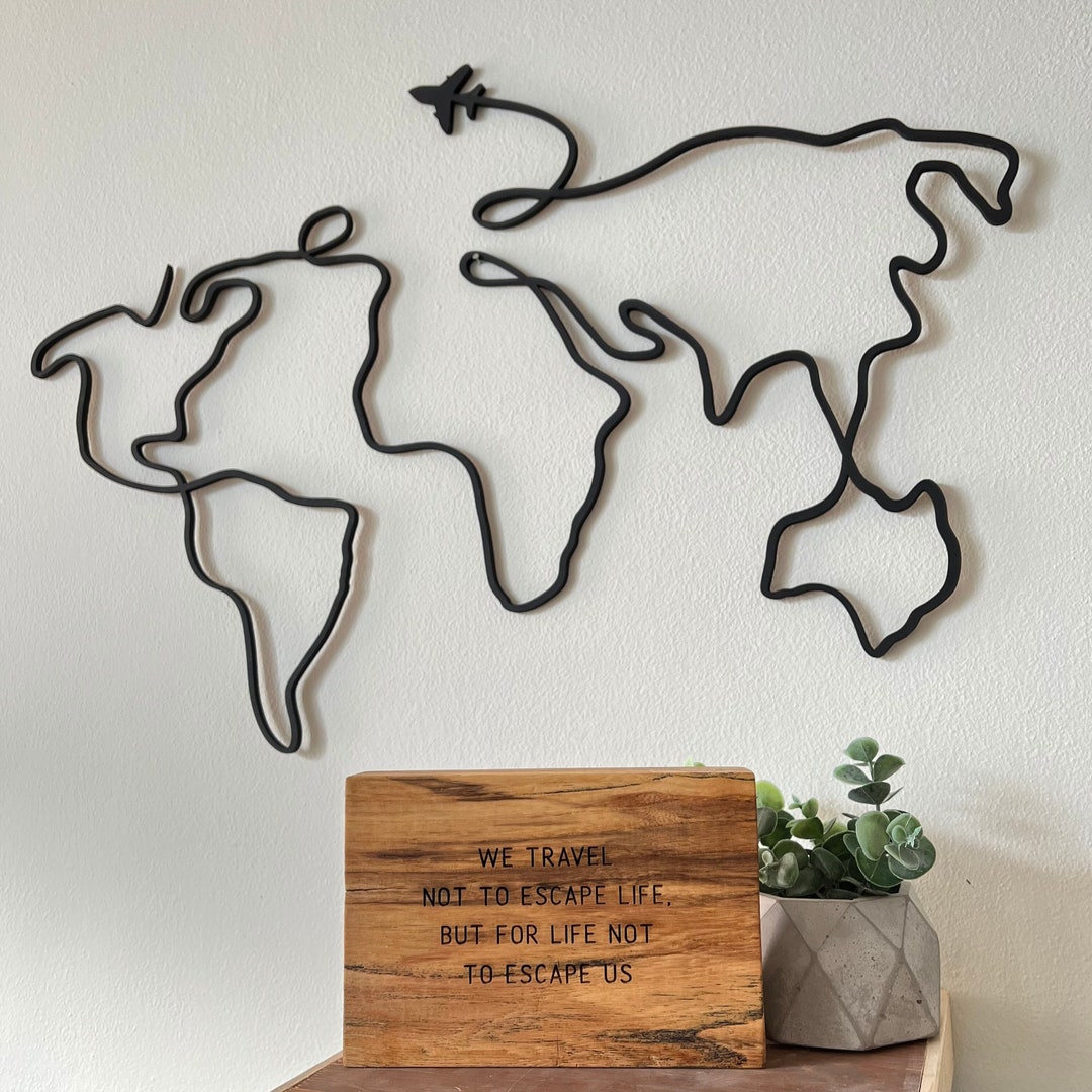 Line Drawing World Map Wall Art | Lasercut Wood Flight Path of the ...