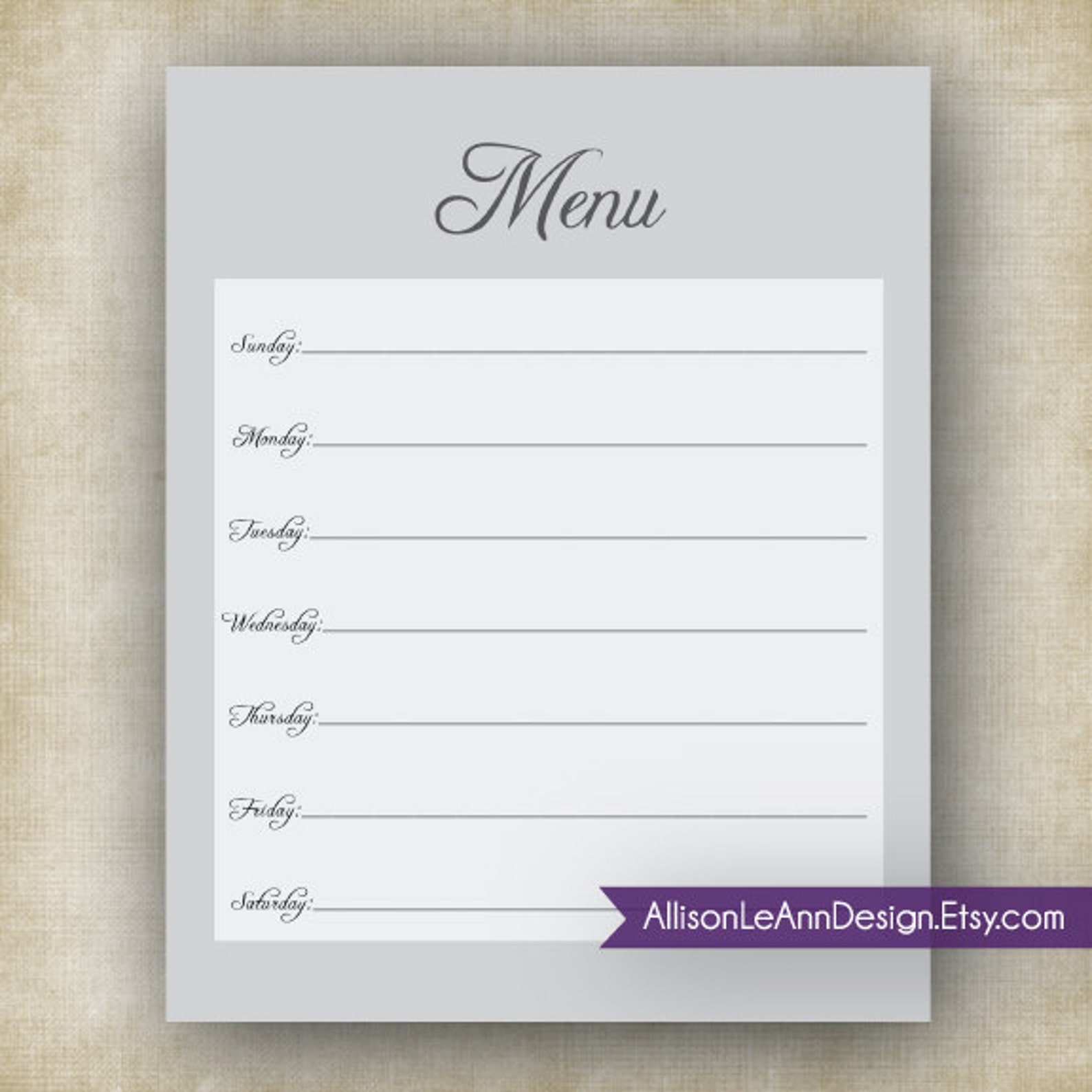 Weekly Kitchen Menu // Gray // Printable Wall Art // 8x10 // - Etsy