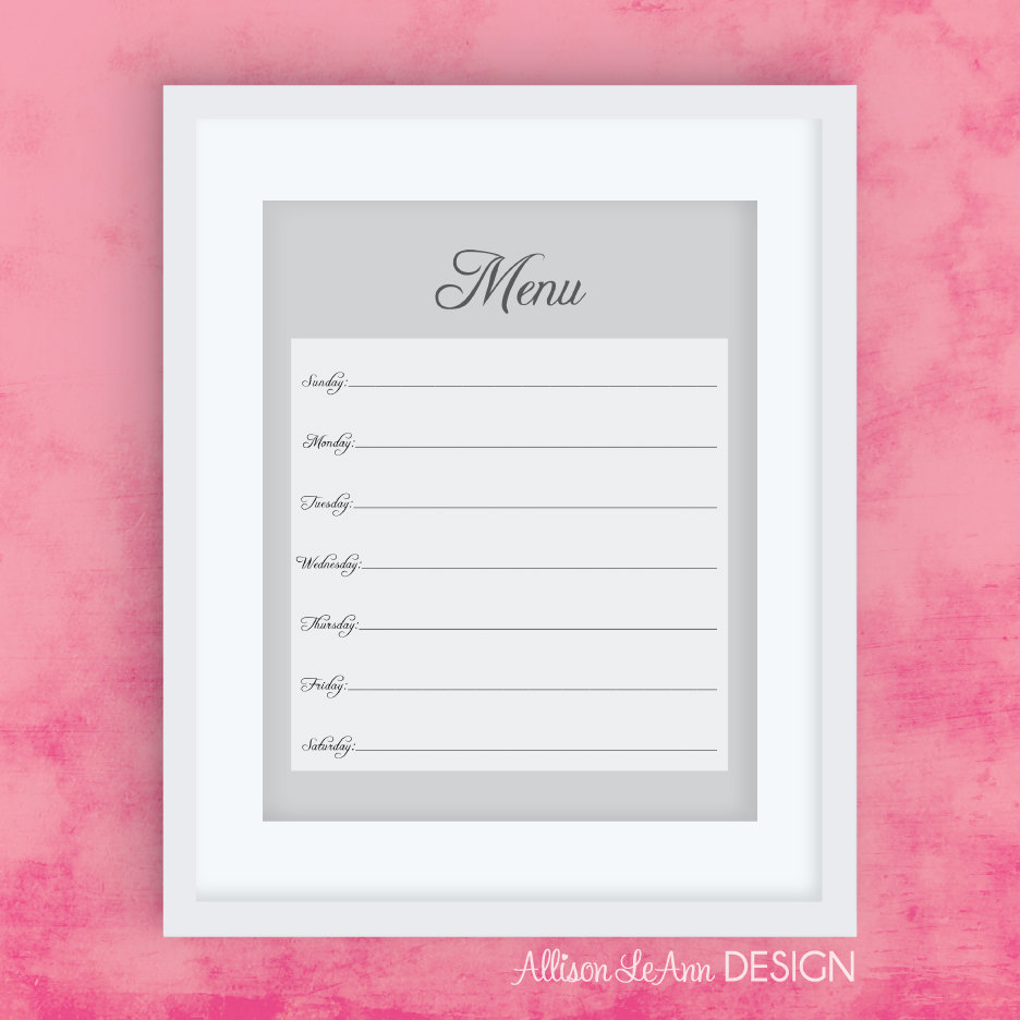 Weekly Kitchen Menu // Gray // Printable Wall Art // 8x10 // - Etsy