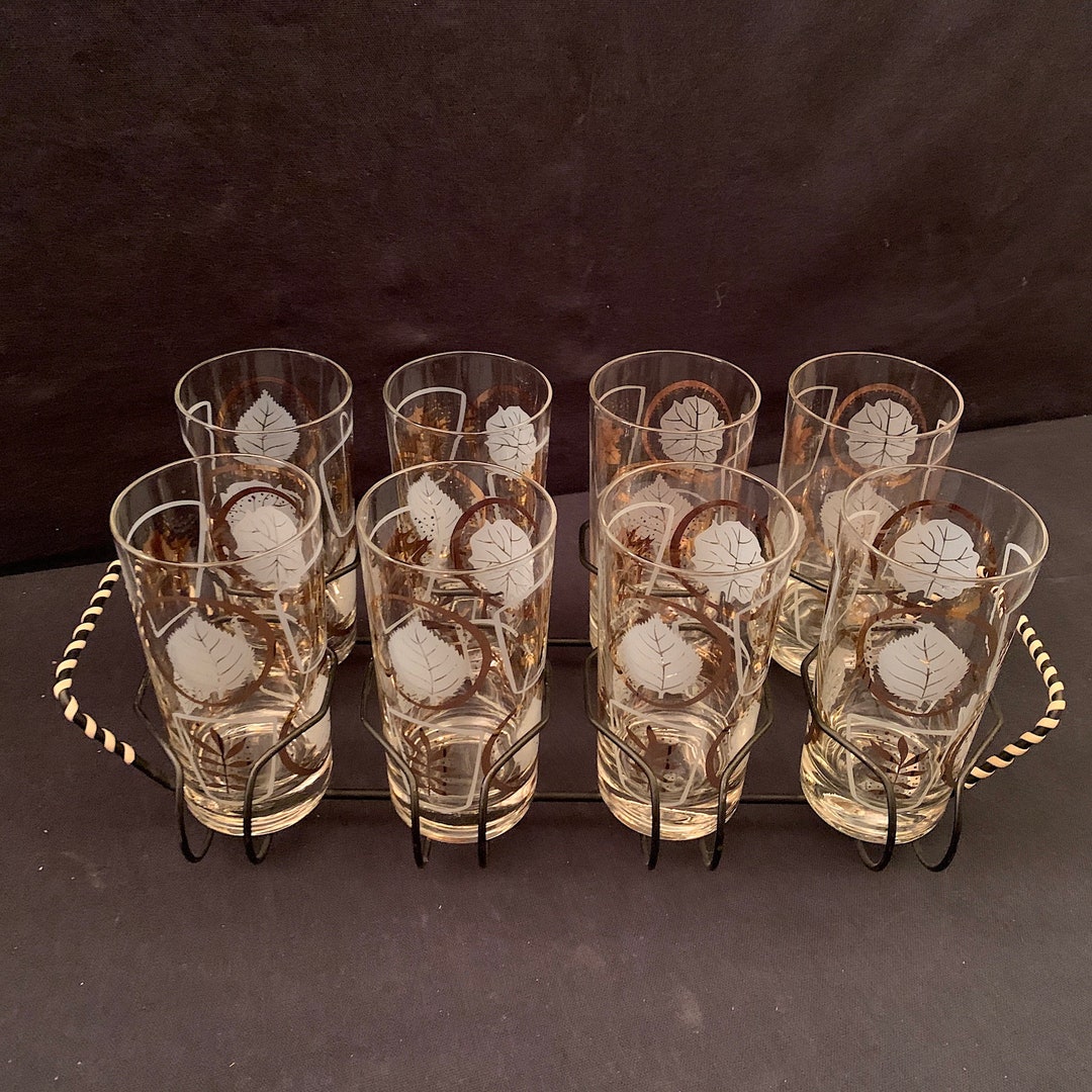 Libbey Highball Glasses Set W Carrier: MCM Gold Frosted Leaf , USA - Etsy