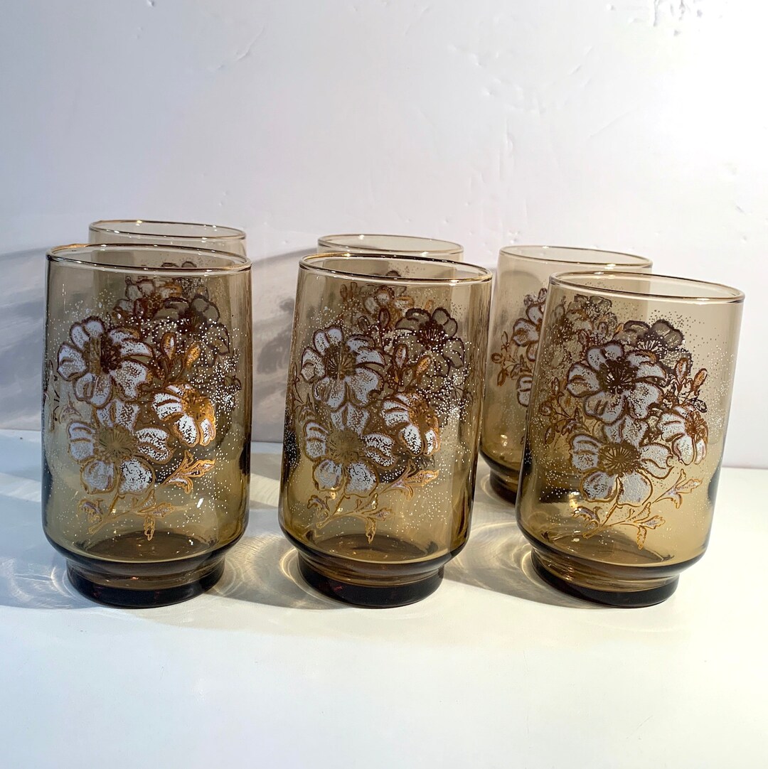 Set of Six White Floral Pattern Drinking Glasses, Bar Ware, Juice ...