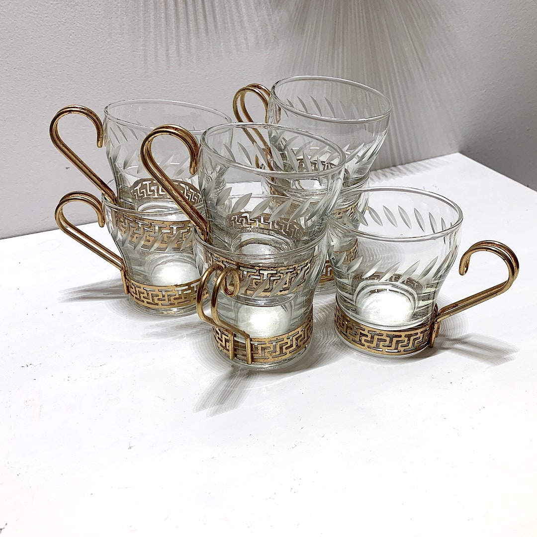 Vintage Libbey Glass Coffee Cups, Greek Key Metal Handles, Set of 7 ...