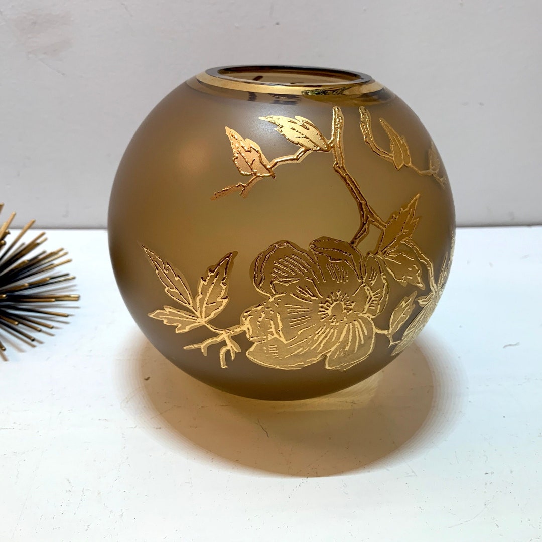 Vintage Amber Czech Bohemian Crystal Mid Century Modern Embossed Gold ...