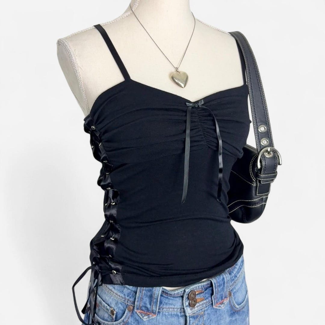 Black Morbid Threads Lace up Corset Top With Ribbon Detailing # ...