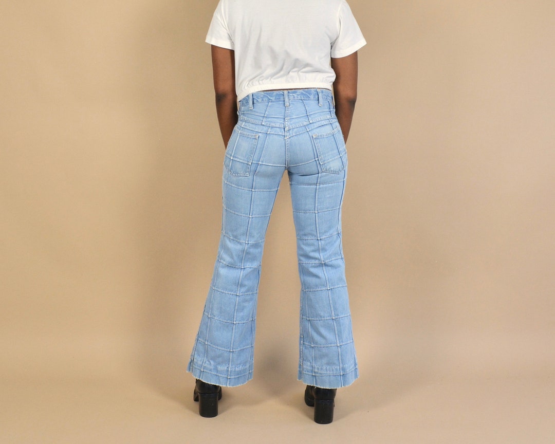 70s Patchwork Window Pane Hip Hugger Vintage Denim Bell Bottom Flare ...