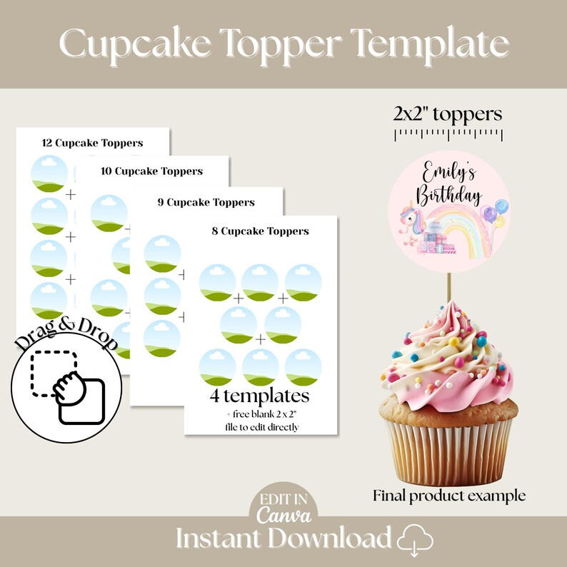 Canva Cupcake Topper 2” Templates, Digital Editable Templates for ...