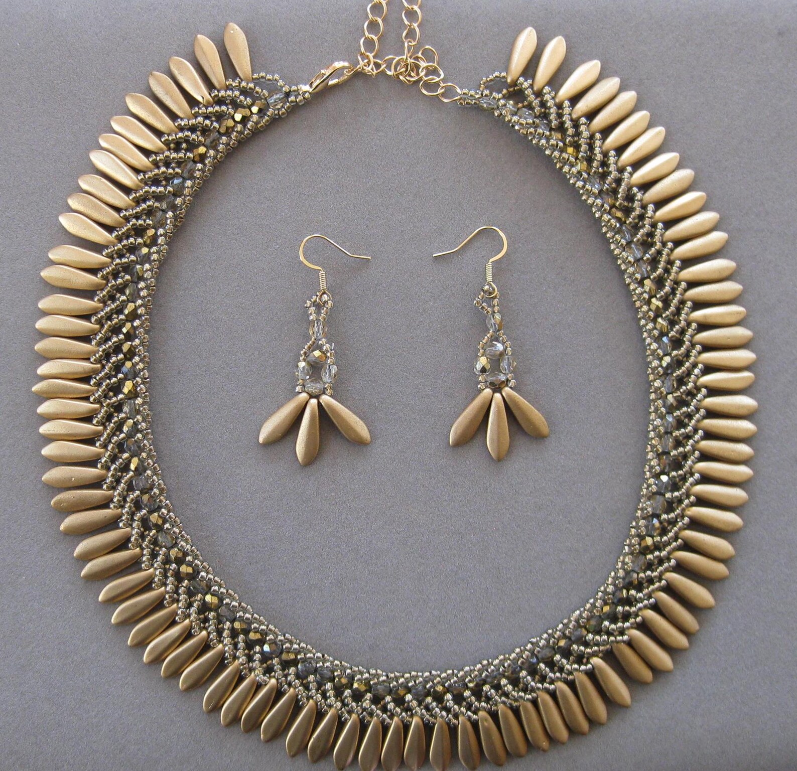 Satin Gold Dagger and Diamond Bronze Lined Seed Beaded Necklace and ...