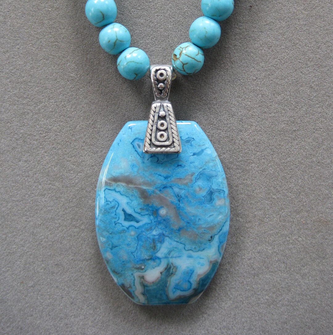 Turquoise Crazy Lace Agate Pendant Necklace: Barrel Shaped Stone ...