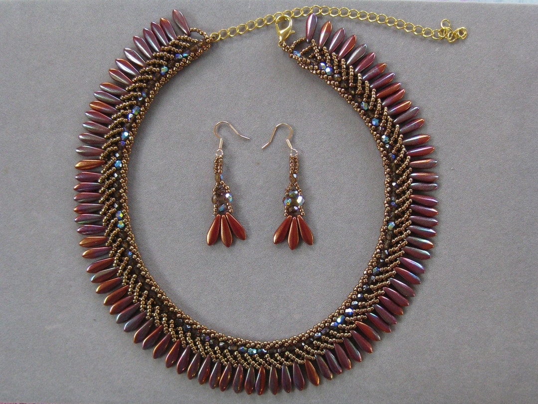 Rust Iris Dagger and Sunset Crystal Luster Seed Beaded Necklace and ...