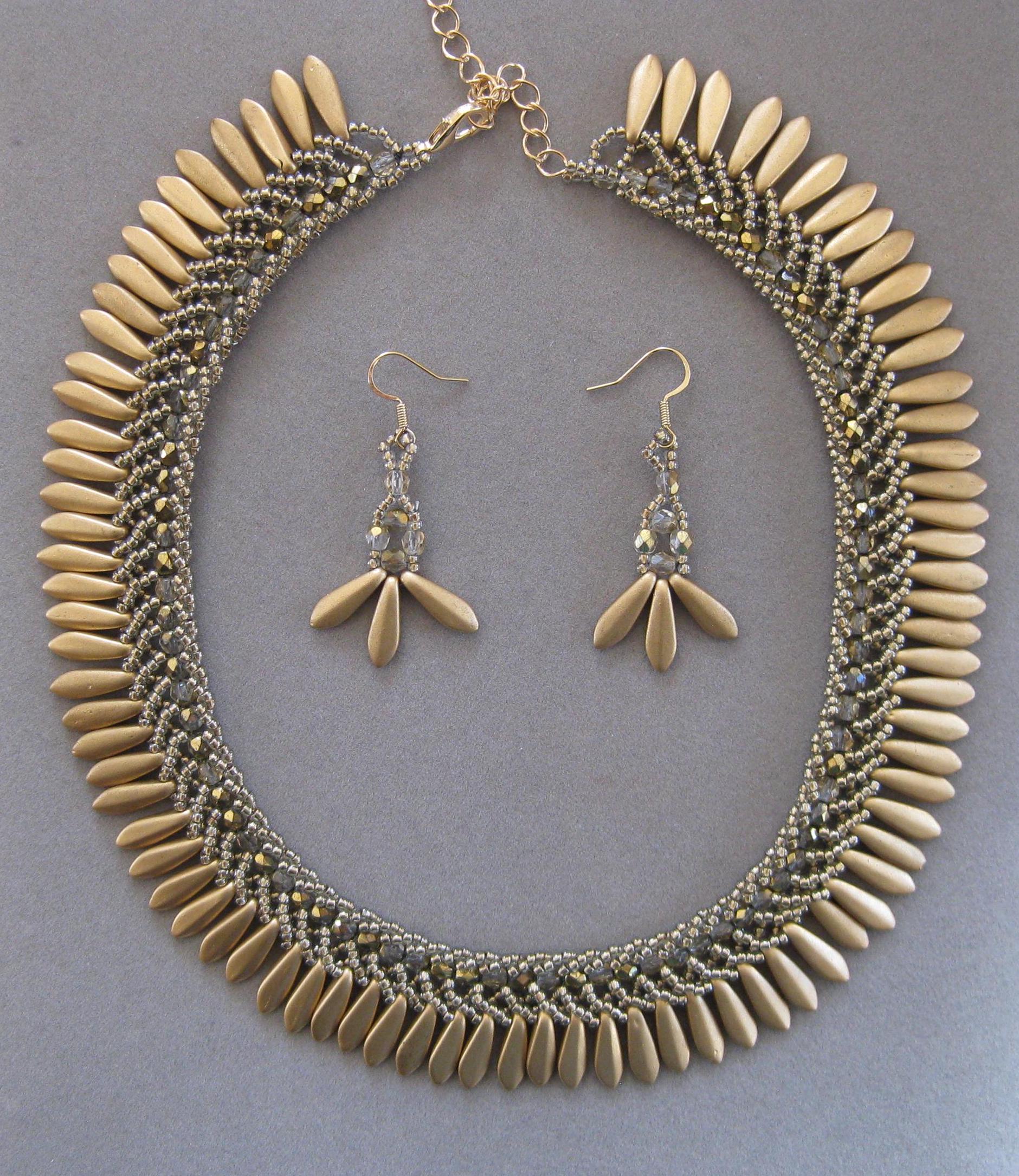 Satin Gold Dagger and Diamond Bronze Lined Seed Beaded Necklace and ...