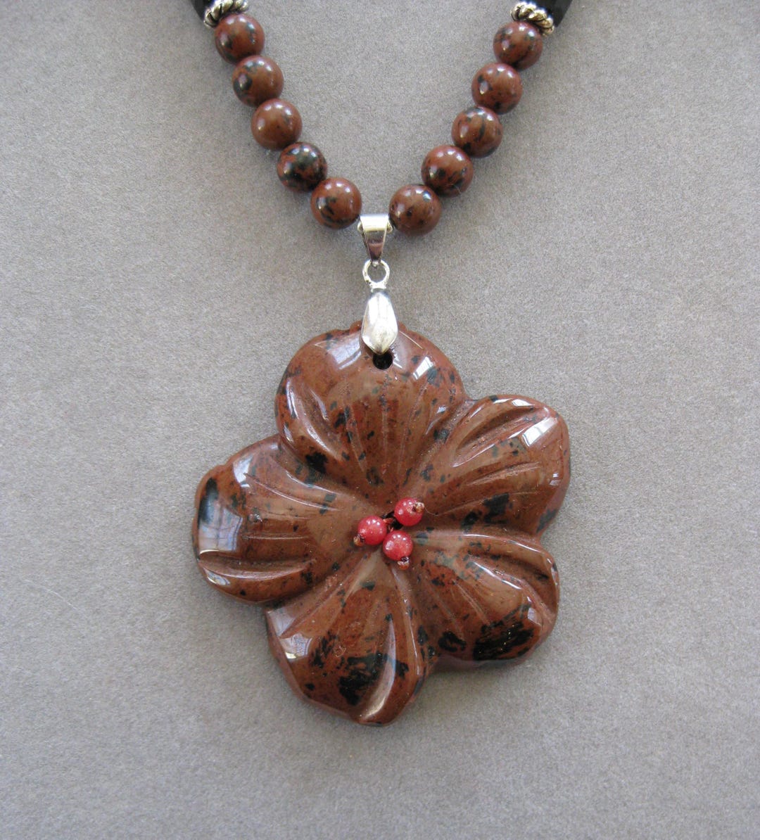 Beautiful Rare Rust and Black Carved Flower Obsidian Pendant Stone ...