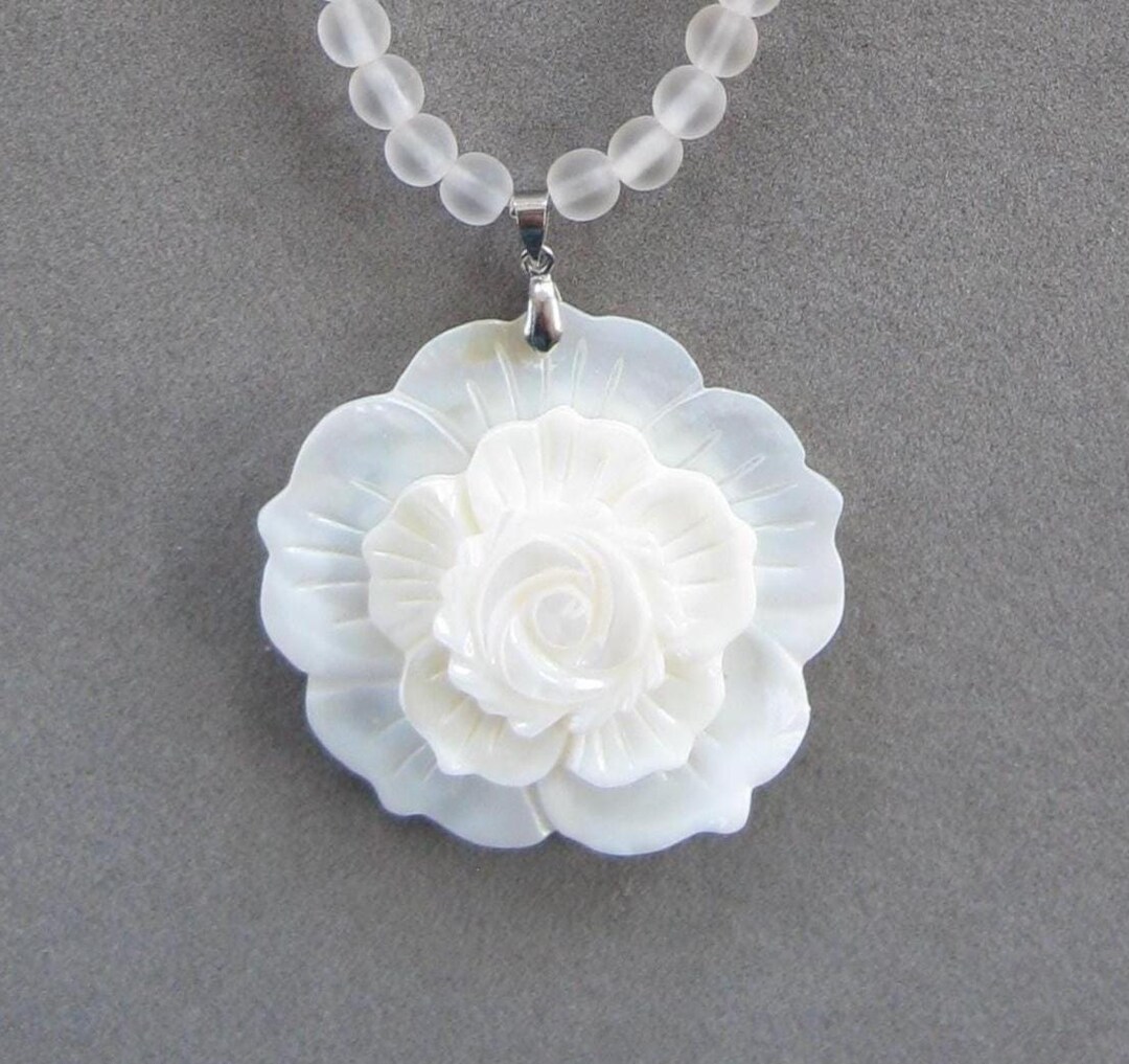 Hand Carved Shell Flower Pendant Necklace: Crystal Beads, Adjustable - Etsy
