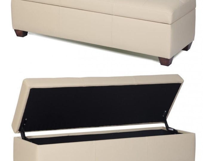 Queen Size Genuine Leather Storage Bench in Bone Color, Tufted Ottoman ...