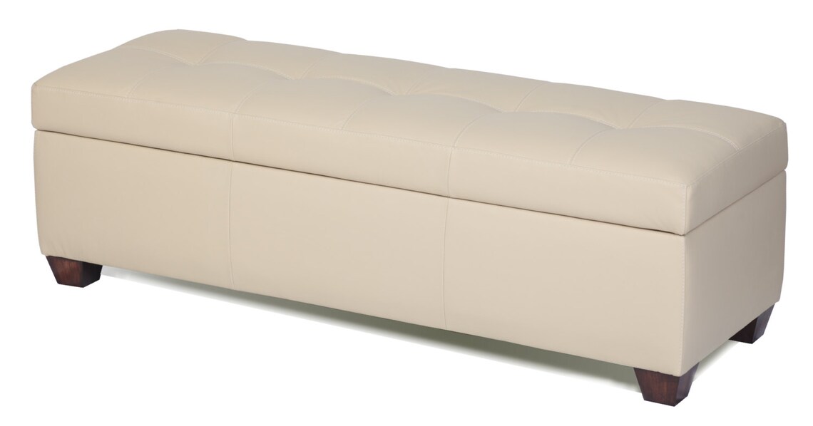 Queen Size Genuine Leather Storage Bench in Bone Color, Tufted Ottoman ...