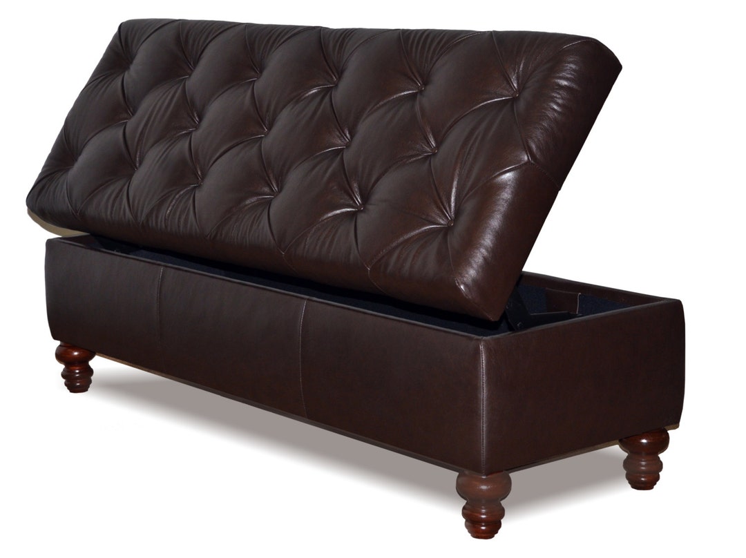 Queen Size Chesterfield Storage Bench, Button Tufted Ottoman in Genuine ...