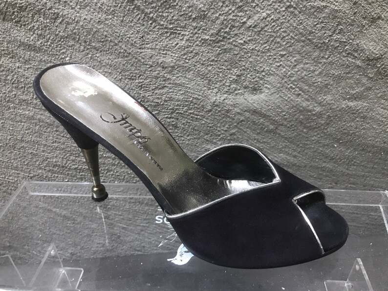 VTG 70s rare metal champagne high heel black suede with silver | Etsy