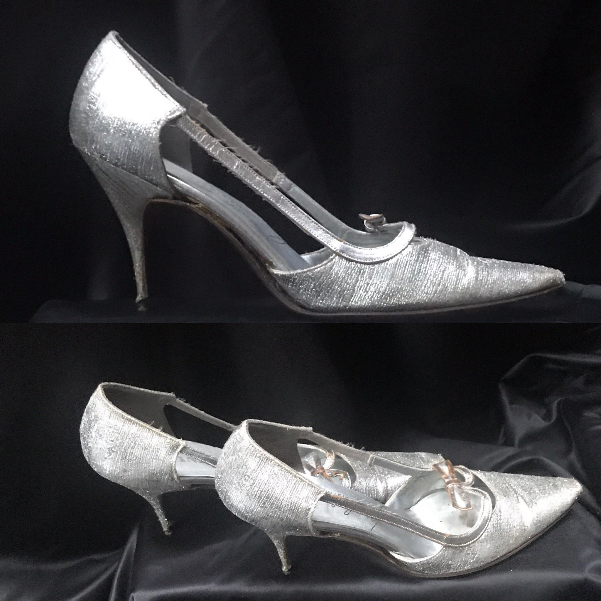 VTG 50s 60s Silver Metallic Stiletto High Kitten Heel Shoe French Room ...