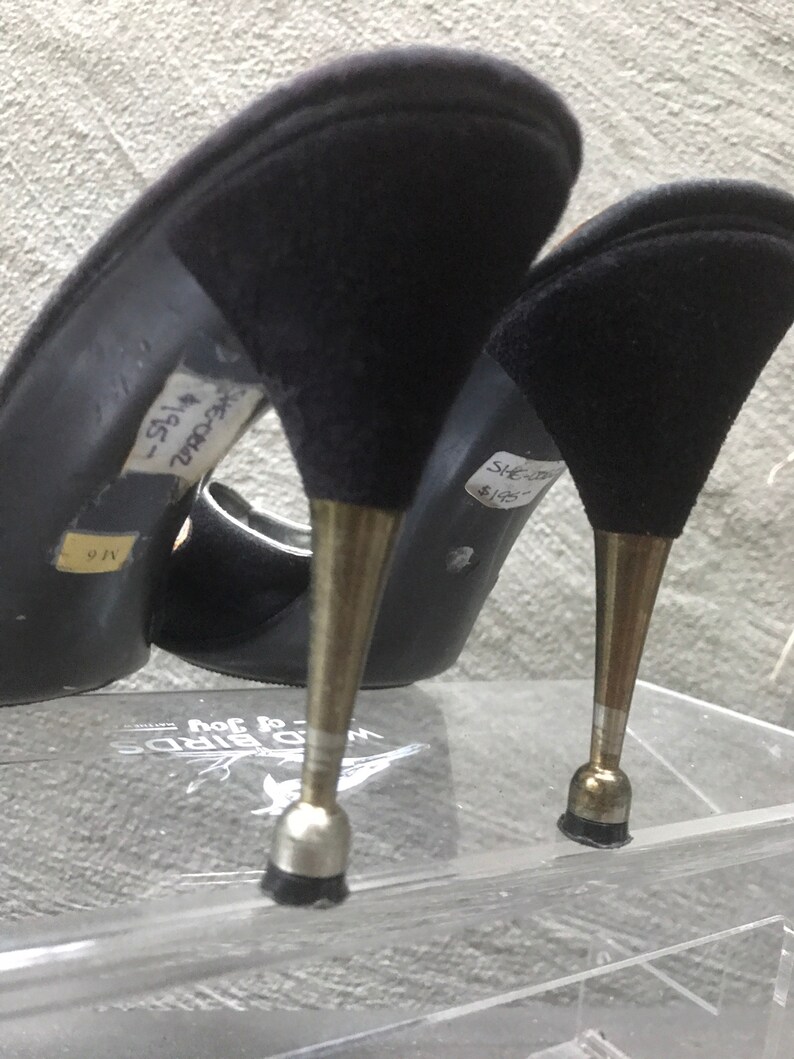 VTG 70s rare metal champagne high heel black suede with silver | Etsy