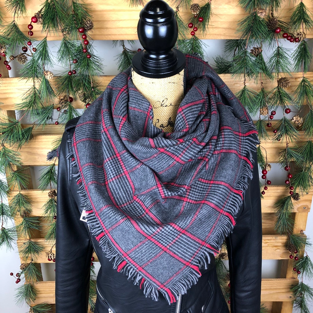 Thick Flannel Square Scarf in Charcoal Gray Black and Red Glen Plaid ...