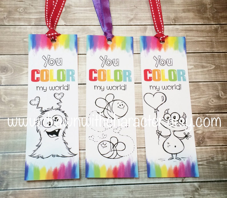 Printable Bookmarks "you Color My World!" Alien, Pig, Dinosaur, Bees ...