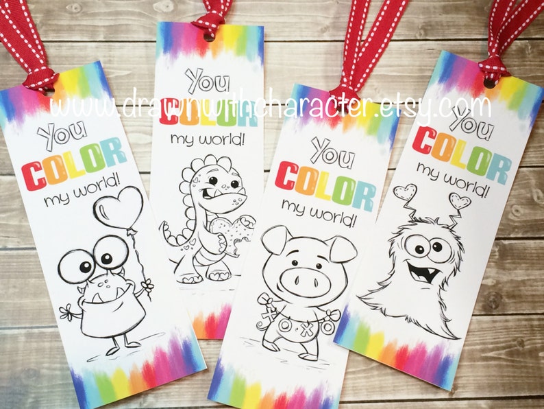 Printable Bookmarks "you Color My World!" Alien, Pig, Dinosaur, Bees ...