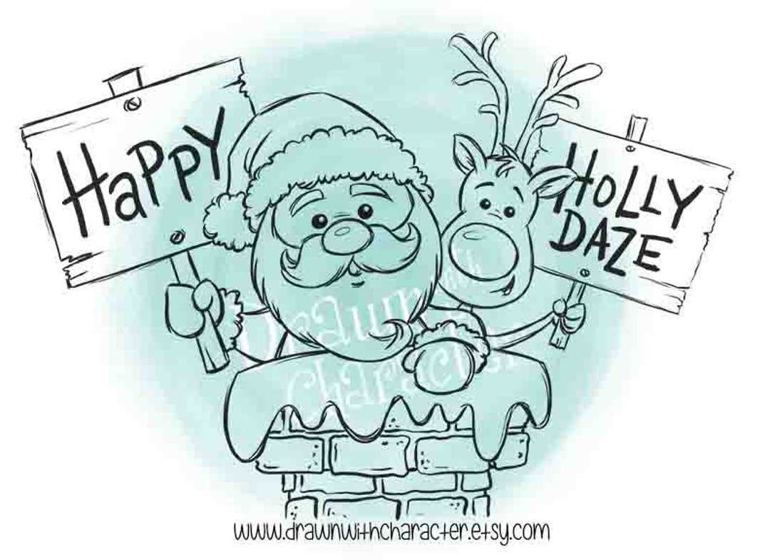 Happy Holly Daze Santa and Rudolph in a Chimney Digital Clip Art ...