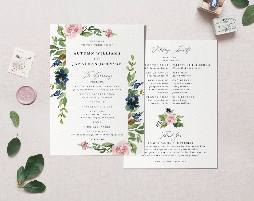 Printable Wedding Program Template, Instant Download Order of Service ...