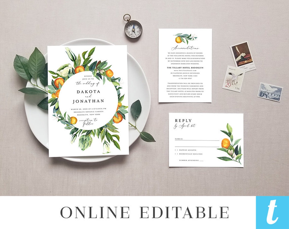 Printable Citrus Wedding Invitation Template Set Botanical | Etsy
