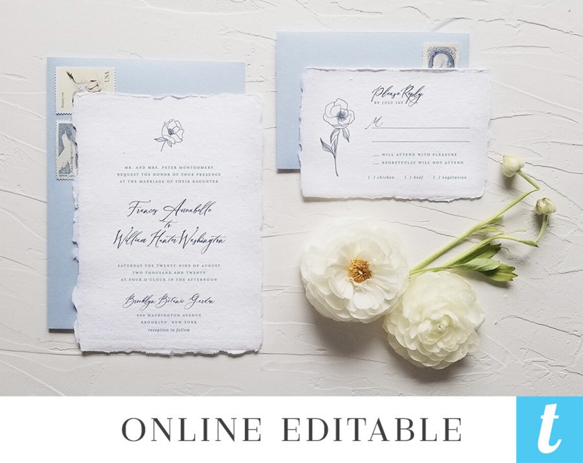 Dusty Blue Wedding Invitation Template Set Printable Modern | Etsy