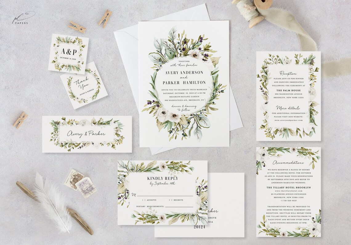 Wildflower Wedding Invitation Template Set Printable Rustic - Etsy