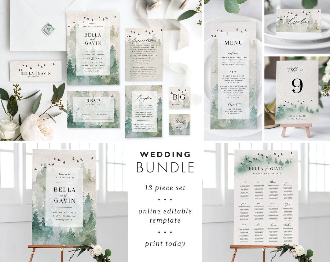 Forest Wedding Invitation Template Bundle Printable Woodland Mountain ...