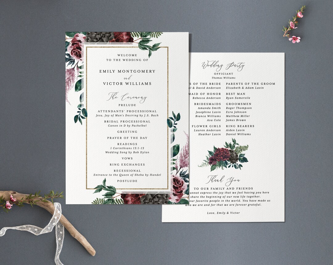 Rustic Woodland Wedding Program Template Printable Floral Fern Purple ...