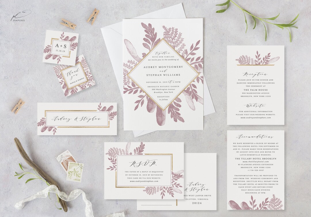 Printable Leaf Wedding Invitation Template Set Editable Digital Instant ...