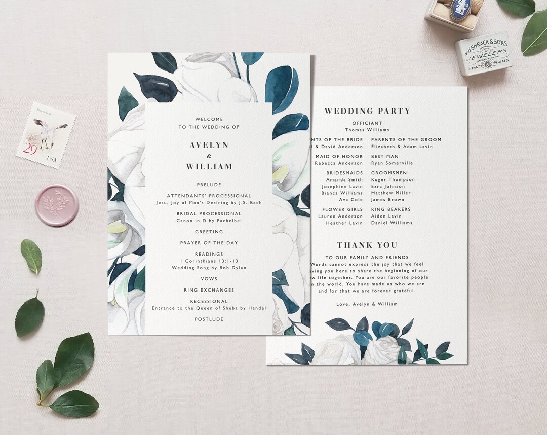 Printable Elegant Floral Wedding Program Template White Flower Blue ...