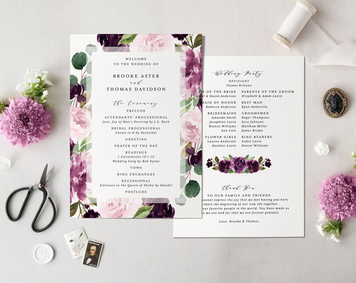 Purple Wedding Program Template Printable Instant Download | Etsy