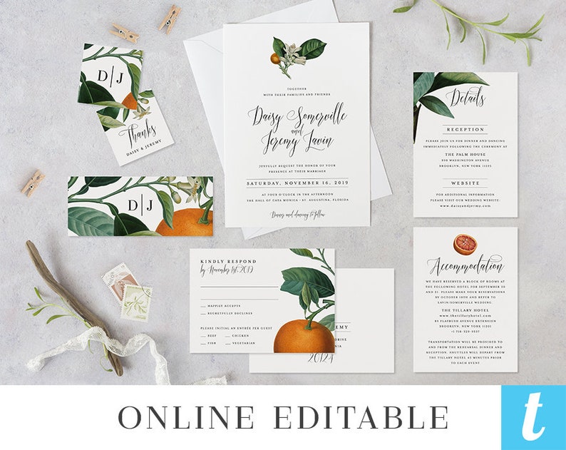 Printable Orange Wedding Invitation Template Bundle Botanical | Etsy