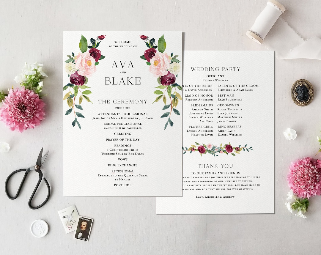 Printable Wedding Program Template, Instant Download Order of Service ...