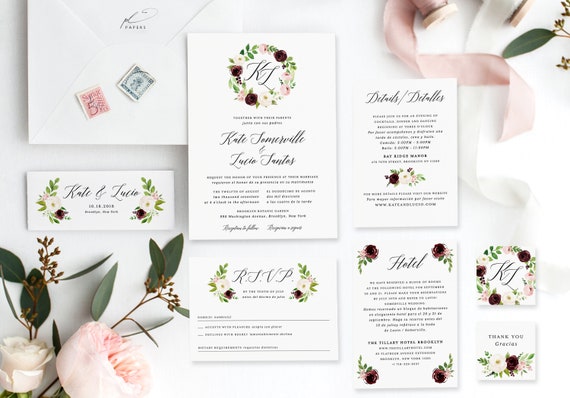 Bilingual Printable Wedding Invitation Template Set Blush | Etsy