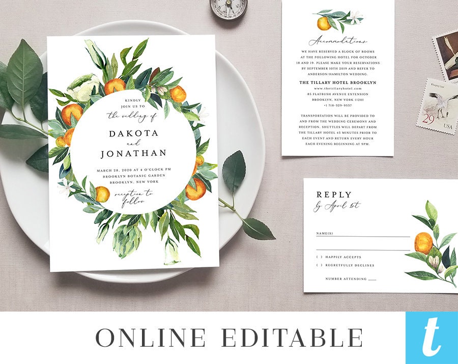 Printable Citrus Wedding Invitation Template Set Botanical | Etsy