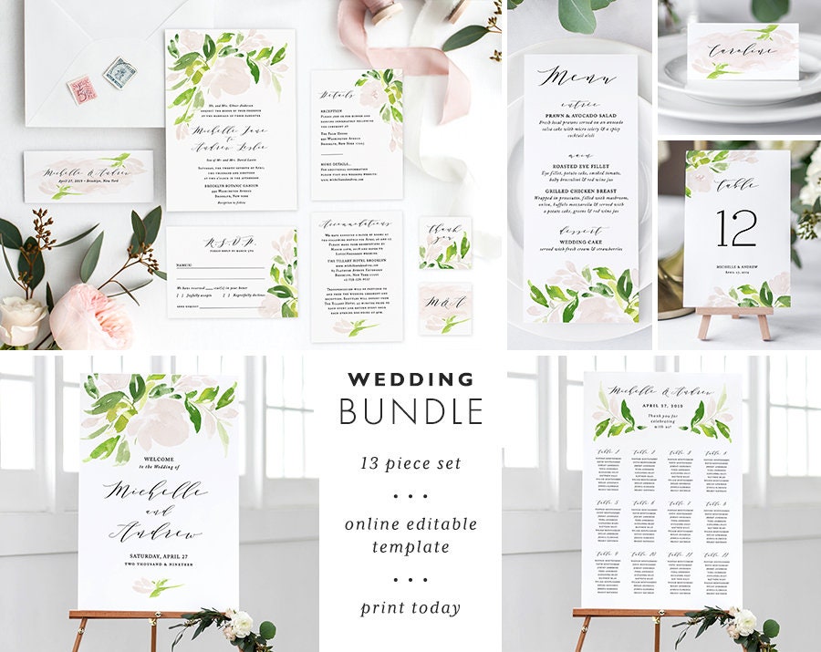 Wedding Invitation Template Bundle Printable Wedding Set | Etsy