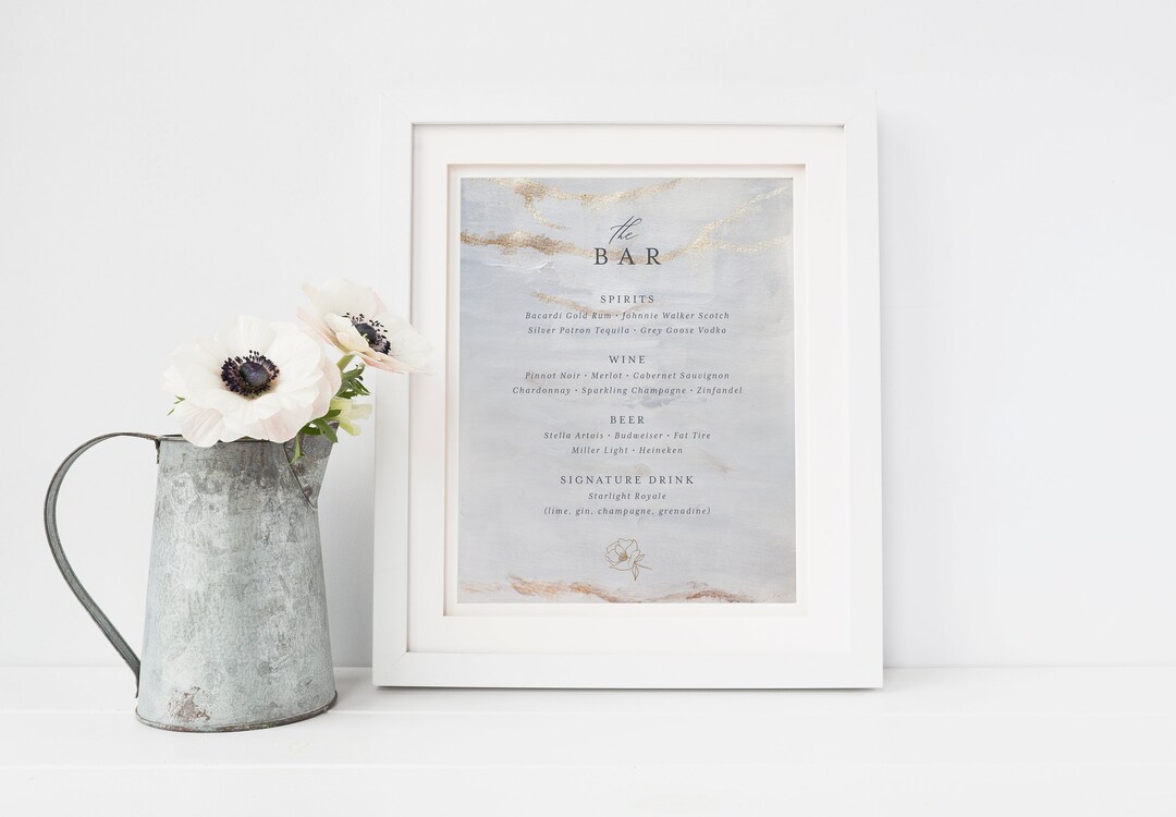 Printable Marble Calligraphy Table Sign Card Gold Faux Wedding Bar Menu ...