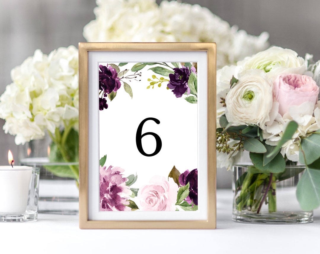 Purple Table Numbers Template Printable Plum Blush Floral Wedding ...