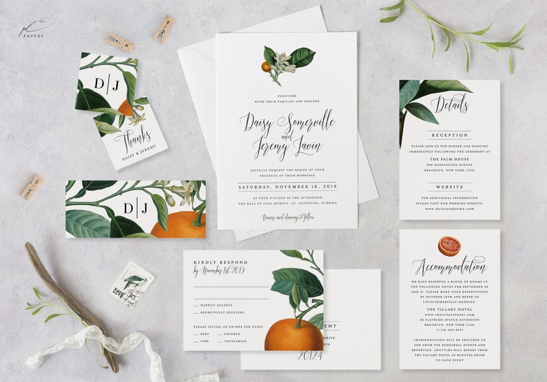 Citrus Wedding Invitation Template Set Printable Orange - Etsy
