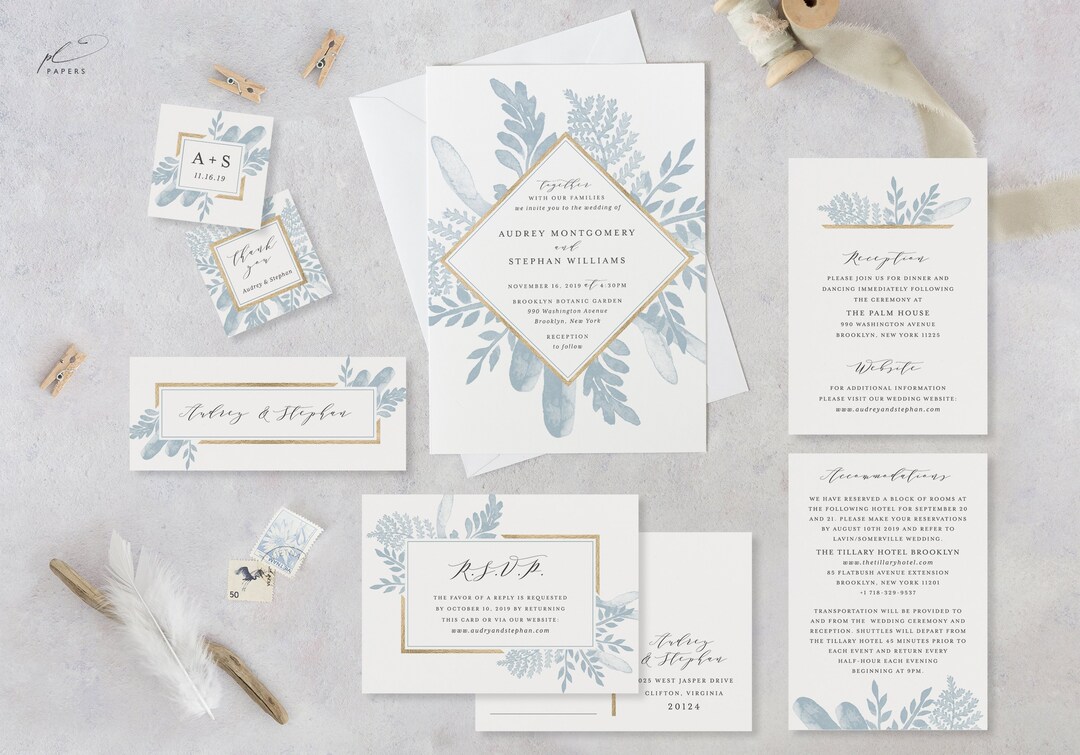 Dusty Blue Wedding Invitation Template Set Printable Editable DIY ...