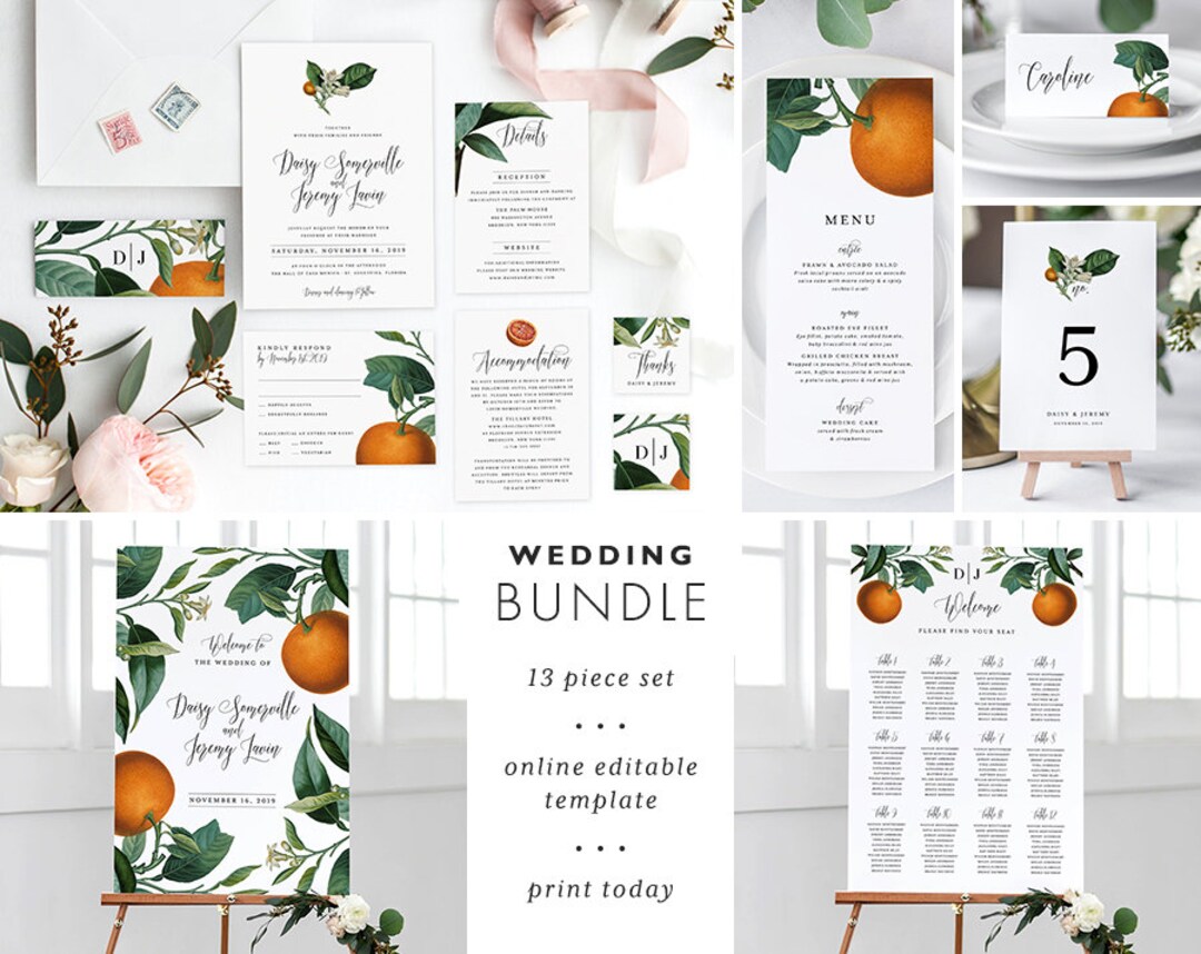 Printable Orange Wedding Invitation Template Bundle Botanical Citrus ...