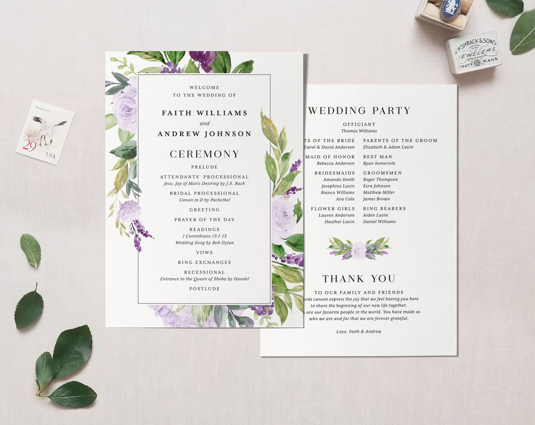 Purple Floral Wedding Program Template Printable Lavender Watercolor ...